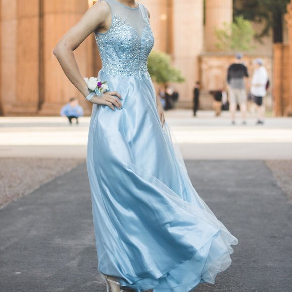 Betsy & Adam | Dresses | Betsy Adams Sheer Blue Silver Floorlength Gown ...